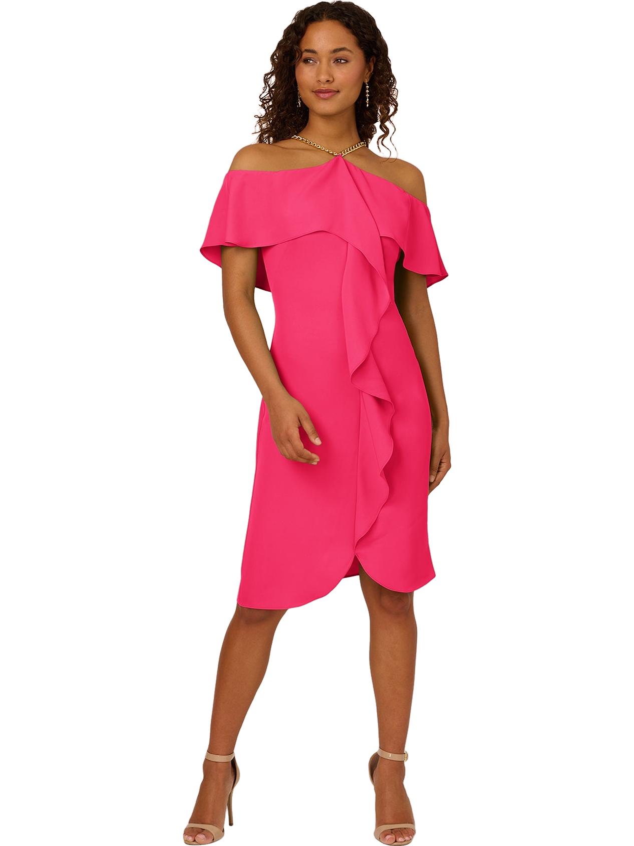 ADRIANNA PAPELL Ruffle Popover Midi Dress with Chain Halter Neckline